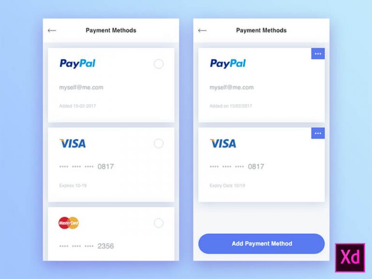 Payment Methods UI Kit - Free XD Resource | Adobe XD Elements