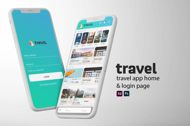 Treva Tavel App / Home & Login Page - Free XD Resource | Adobe XD Elements