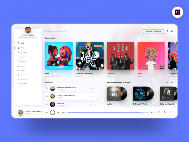 Music Player Web App - Free XD Resource | Adobe XD Elements