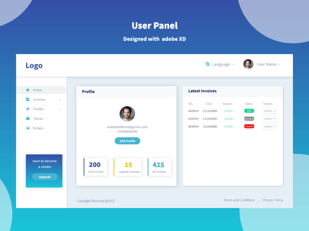 User Panel Dashboard UI Kit - Free XD Resource | Adobe XD Elements